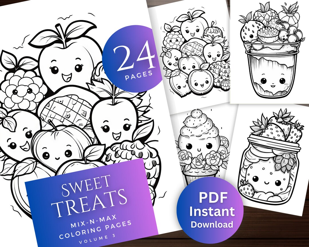 Sweet Treats Coloring Book Pages, Kawaii Fruits Coloring Pages, Stress ...