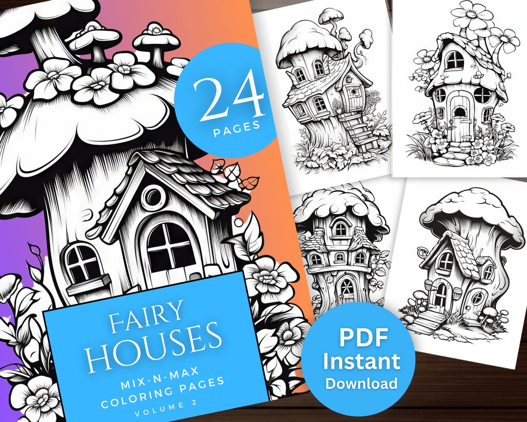 Fairy House Coloring Book Pages, Fantasy Coloring Activity Book ...