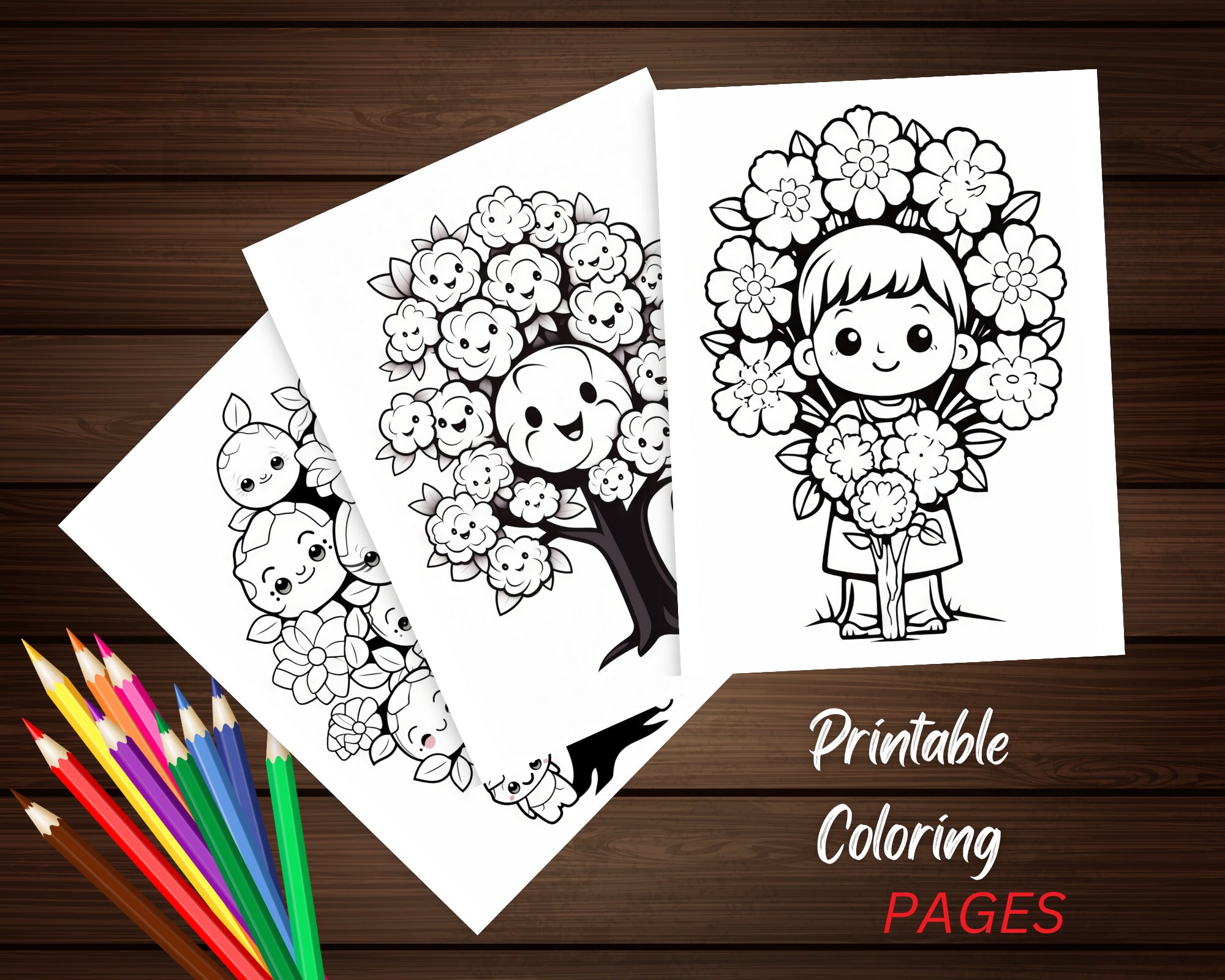 Floral Coloring Page, Cute Flower Trees Coloring Book, Boho Coloring ...