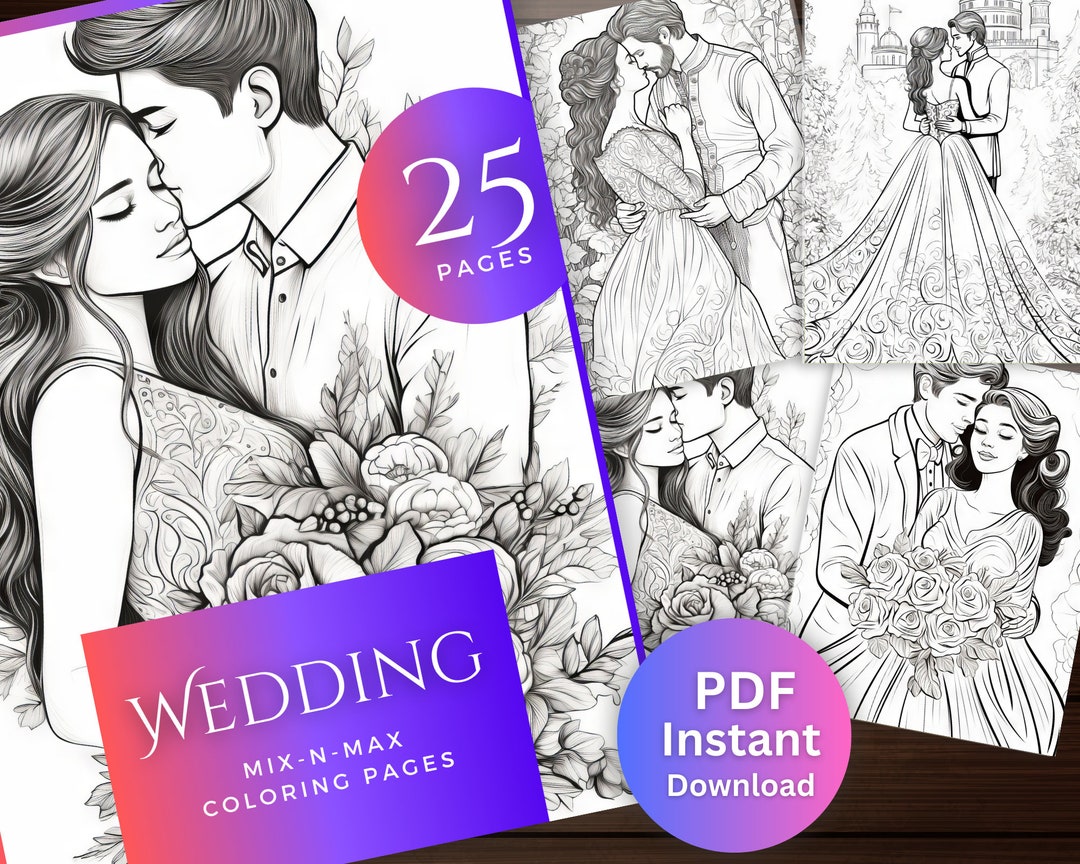 Wedding Coloring Book, Couple Coloring Book Pages, Floral Girl Coloring ...