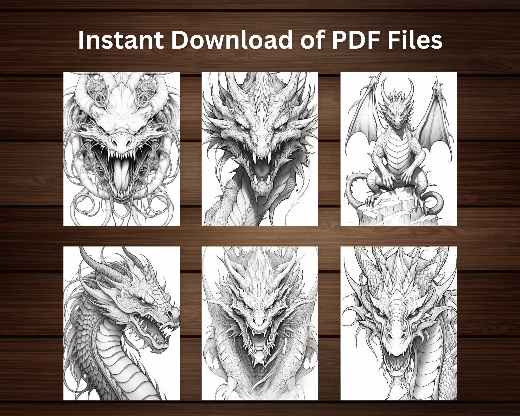 Dragons Coloring Book, Fantasy Dragons Digital Coloring Book, Animal ...