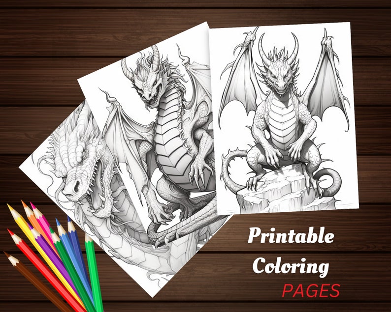 Dragons Coloring Book, Fantasy Dragons Digital Coloring Book, Animal ...