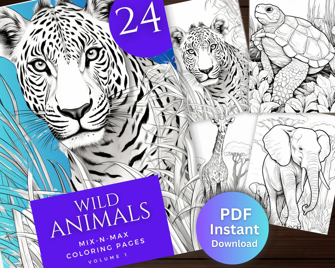 Jungle Animals Coloring Book, Wild Animals Coloring Book, Stress Relief ...