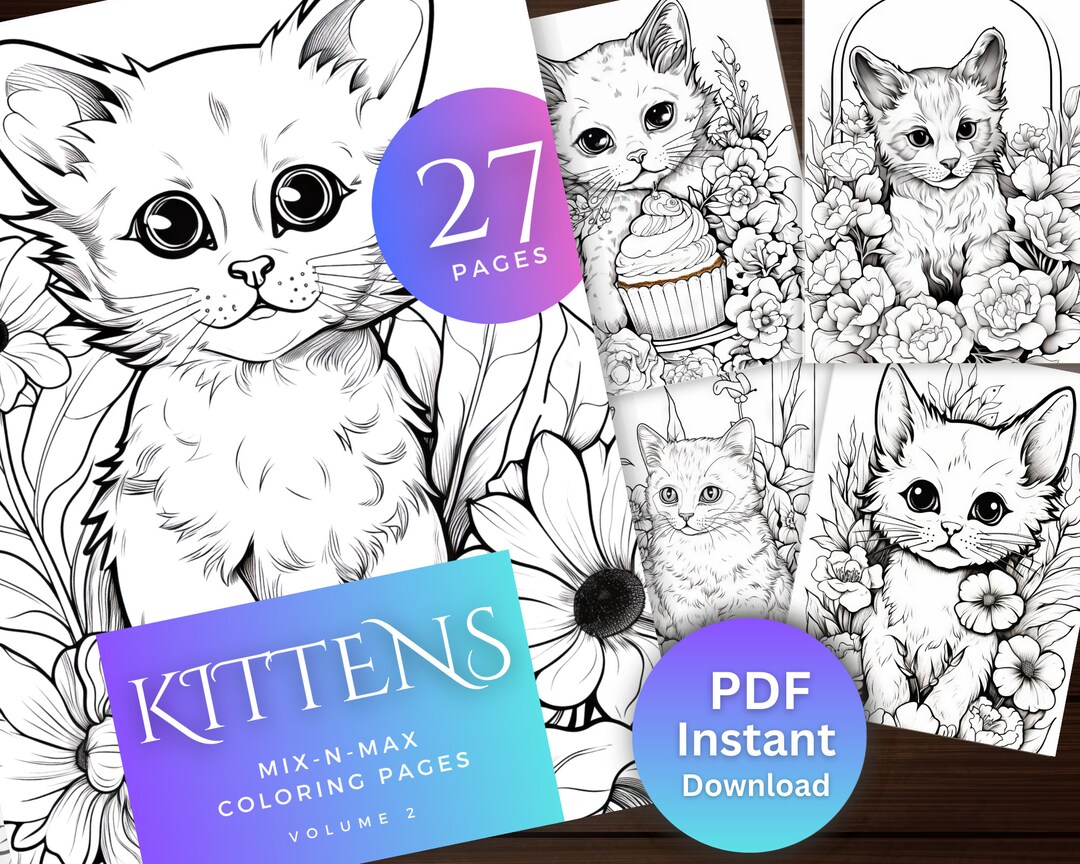 Cute Cat Coloring Page, Kittens Coloring Pages, Digital Coloring ...