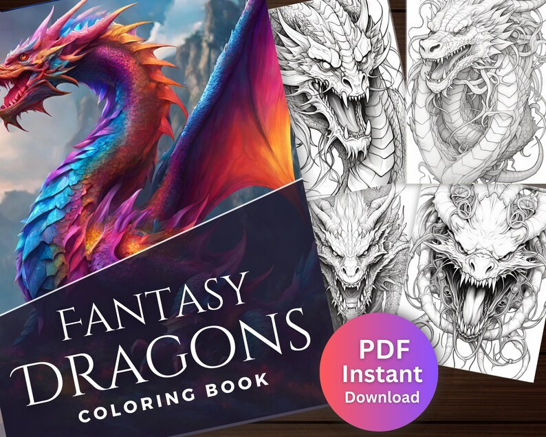Dragons Coloring Book, Fantasy Dragons Digital Coloring Book, Animal ...