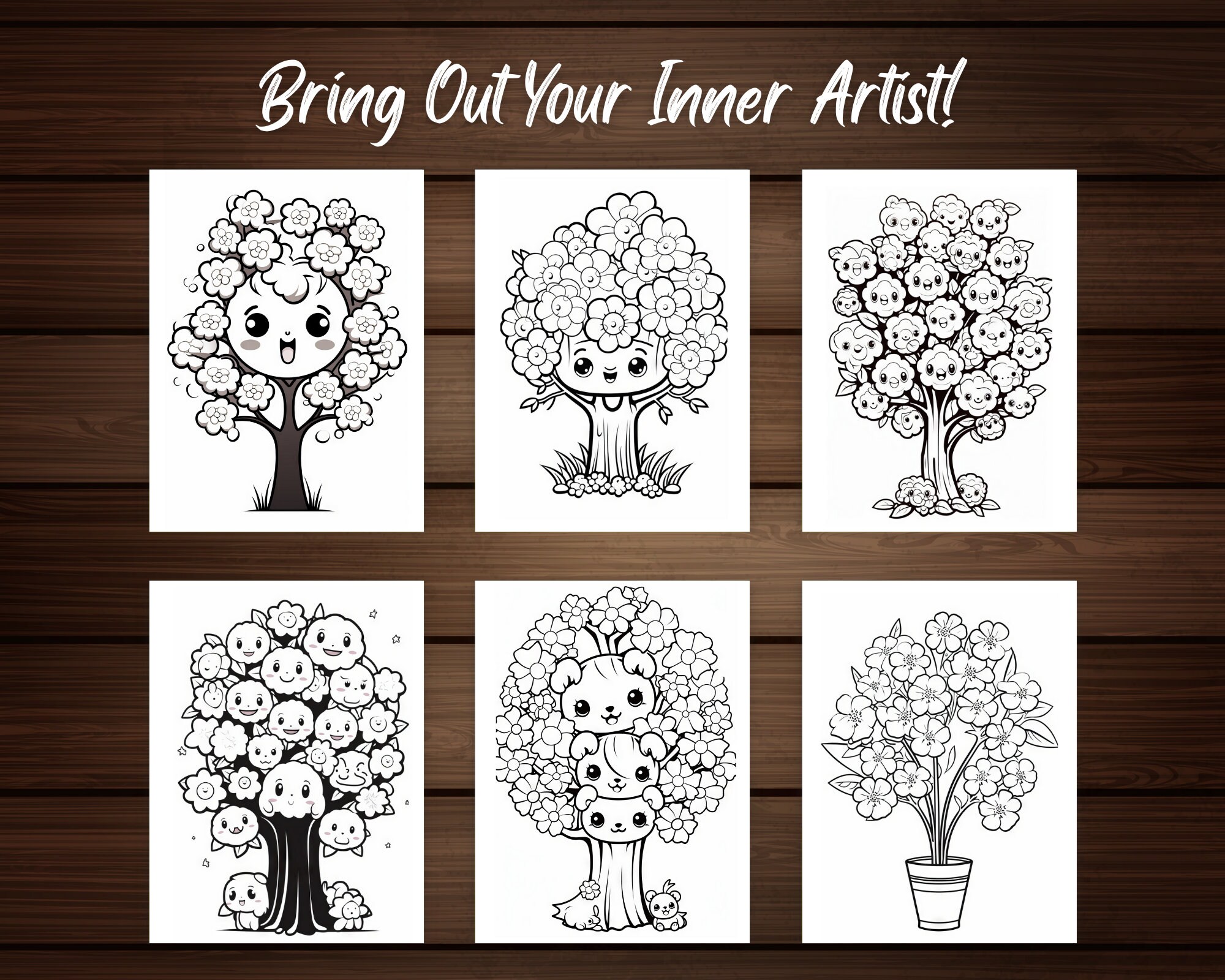 Floral Coloring Page, Cute Flower Trees Coloring Book, Boho Coloring ...