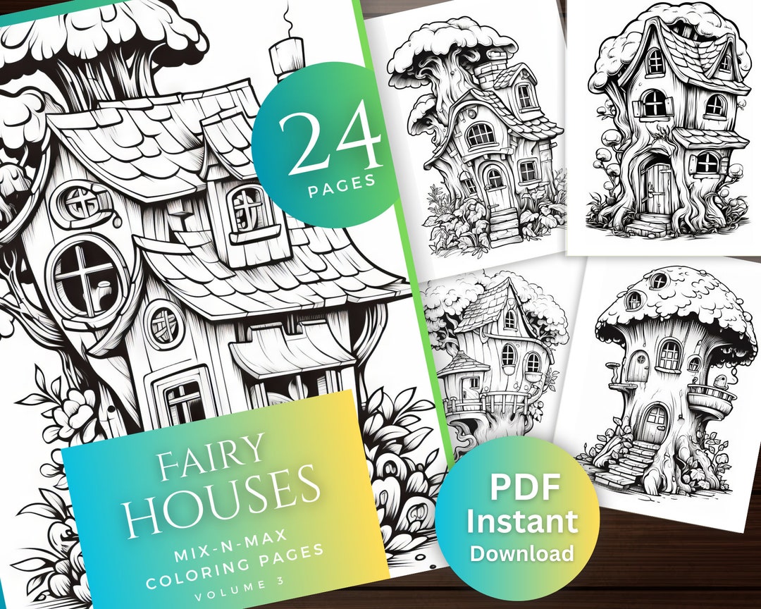 Fantasy Fairy Houses Coloring Pages, Digital Coloring Book Pages ...