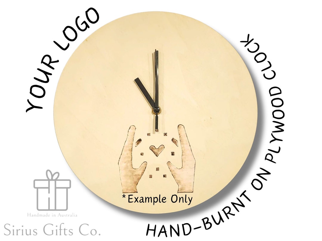 Custom Logo Pyrography Wood Wall Clock | Personalised Family Name Wood ...