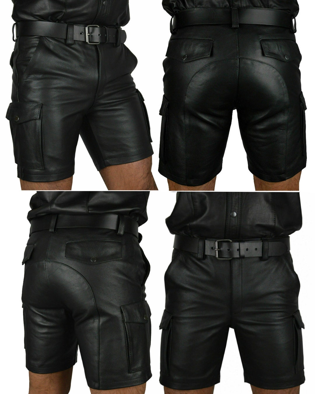 Men's Real Leather Black Cargo Style Short With 6 Pockets Club Wear Gym ...