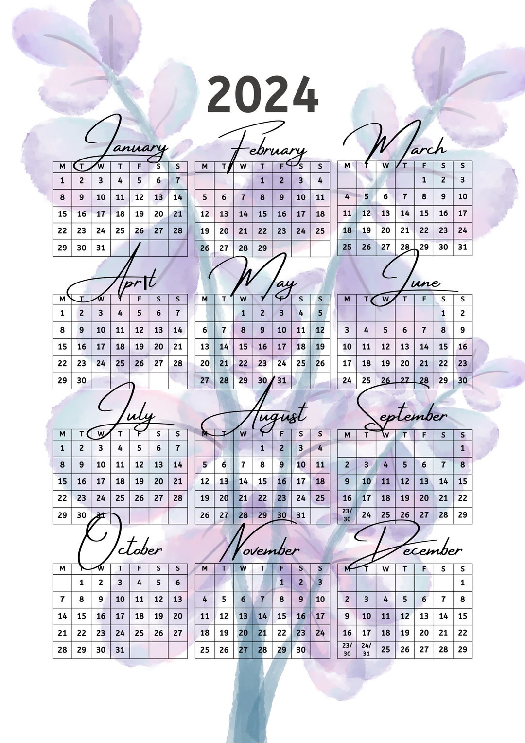 Printable Calendar Inserts Year & Month - Etsy