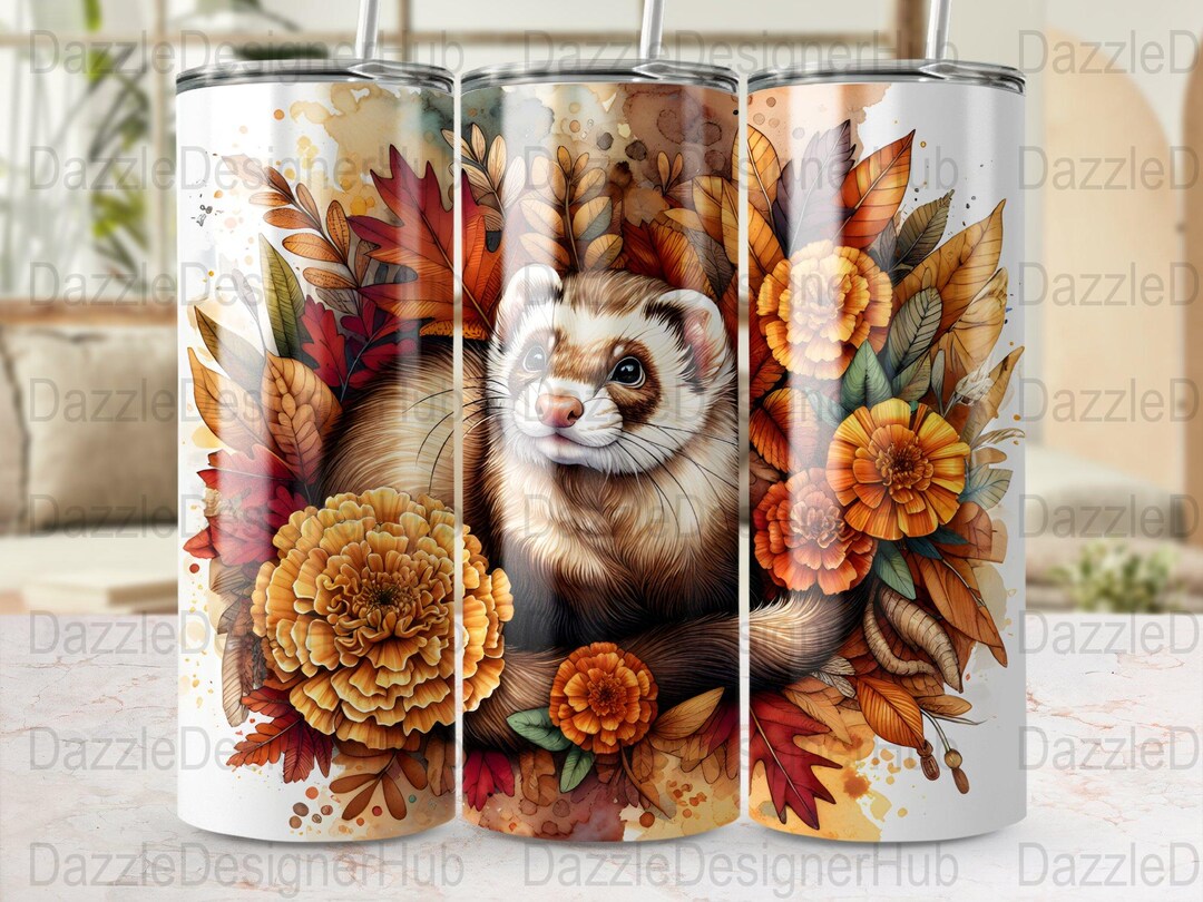 Ferret Fall Floral Digital Art Print, Autumn Decor Ferret Illustration ...