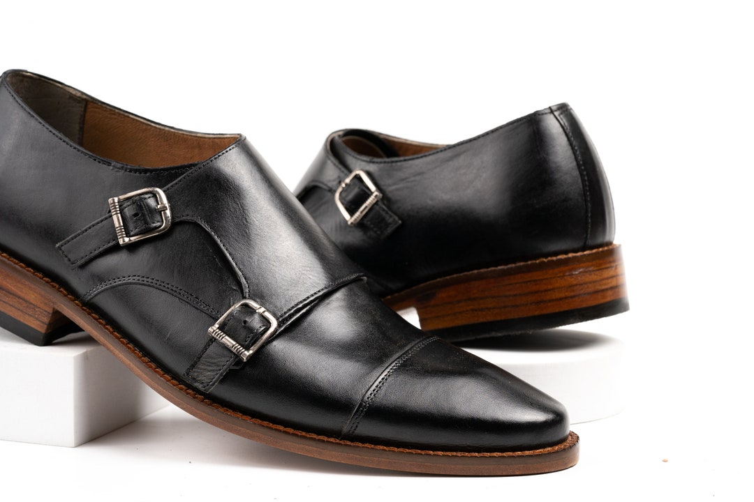 Handsole Black Shoe Double Buckle Cap Toe Monk Shoes Made to Order ...
