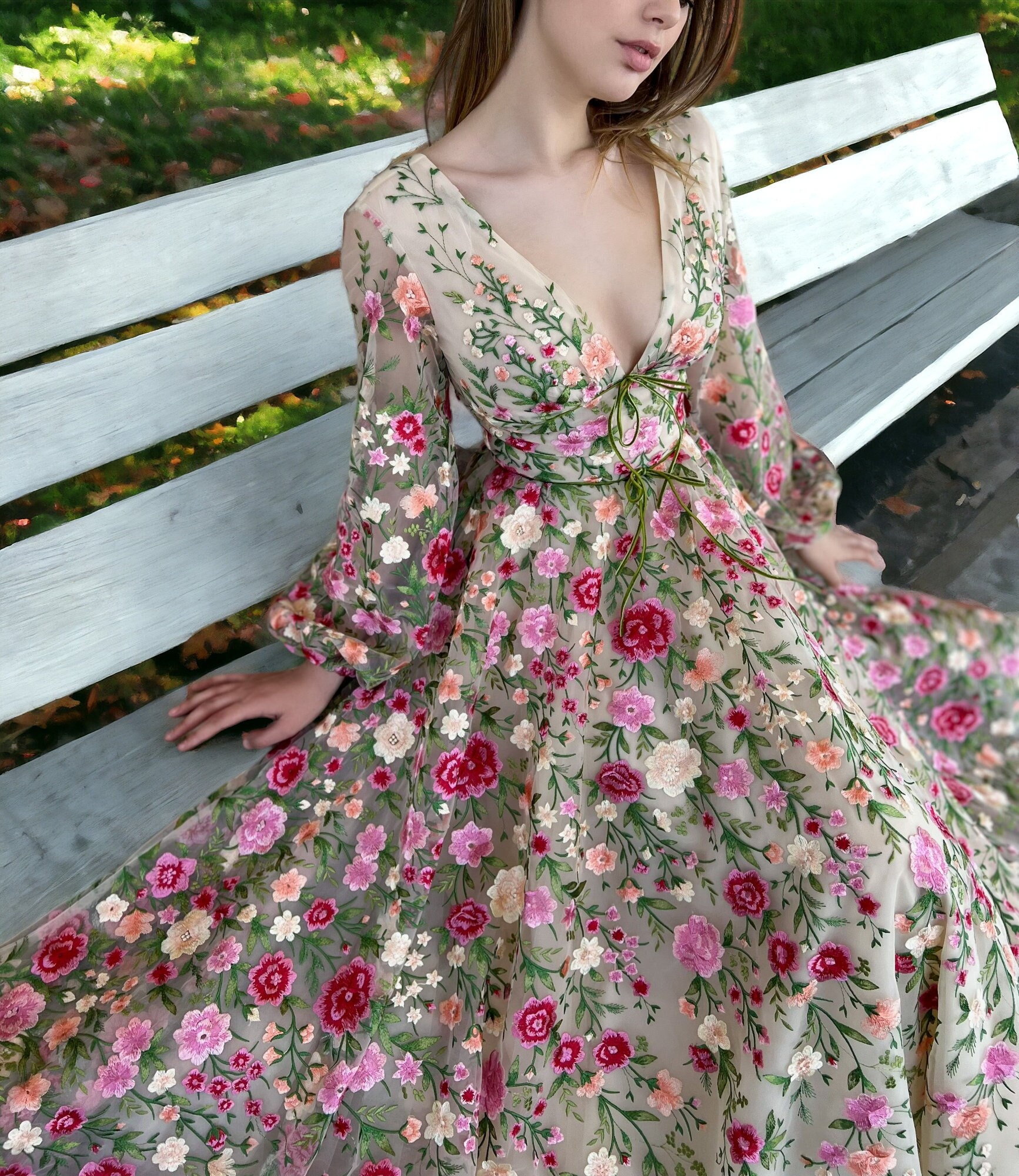 Elegant Lace and Floral Tulle Prom Dress Long Sleeve V-neck Casual ...