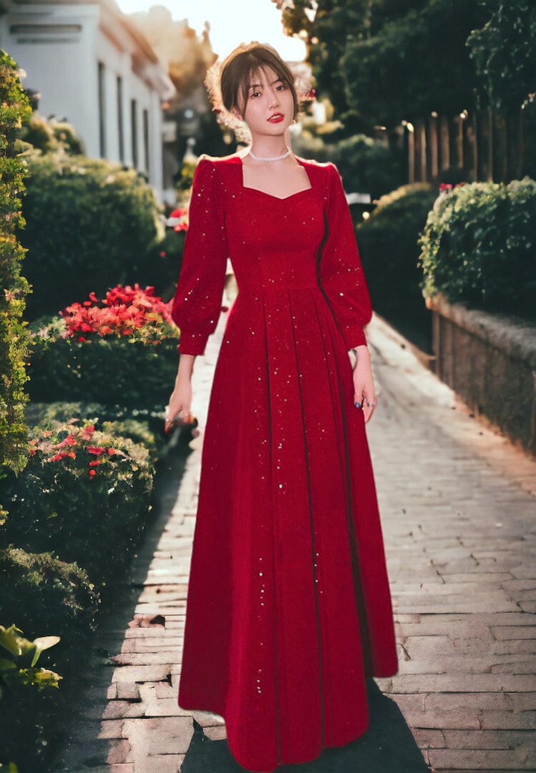 Korean Fashion Long Sleeve Dress, Christmas Red Dress, Birthday Party ...