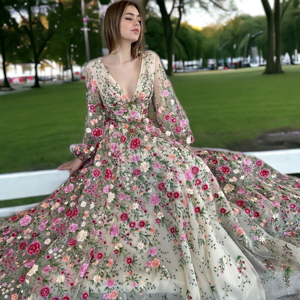 Elegant Lace and Floral Tulle Prom Dress Long Sleeve V-neck Casual ...