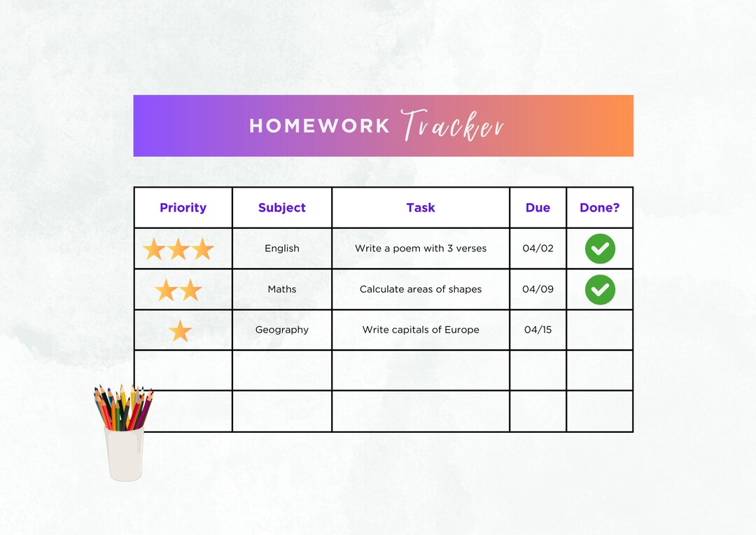 Editable Customisable Homework Tracker for Kids, Students, Young Adults ...