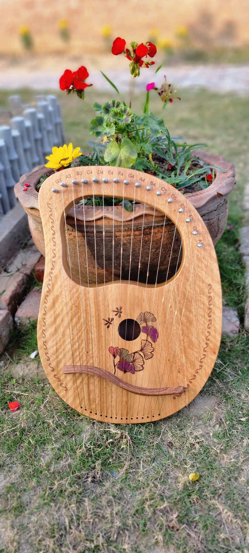 16 String Lyre Harp Lotus Leaf Carving, Vintage Color Mahogany Lyre ...