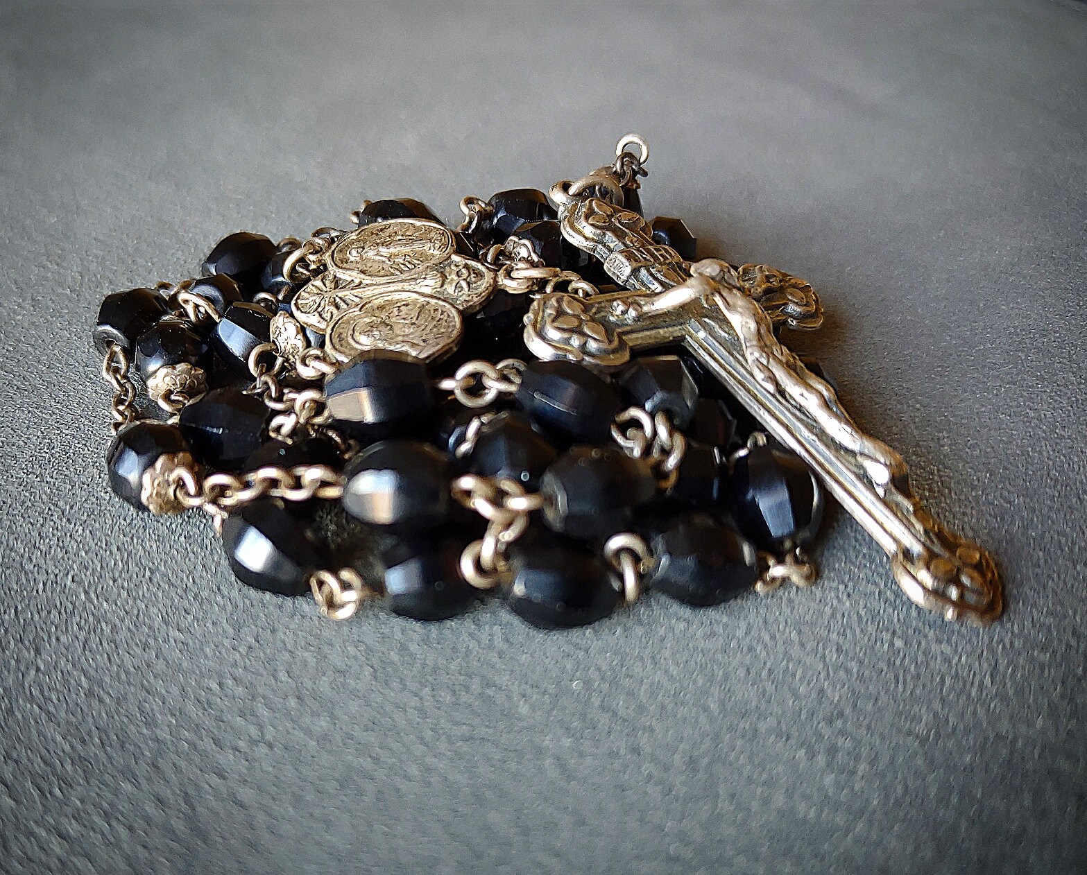 Antique 1940's BAKELITE STERLING ROSARY Black, 22.5." 36 Grams, Unique ...