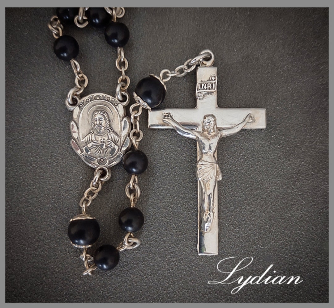 Vintage CREED BLACK ONYX Sterling Rosary, Sacred Heart, 21, 28g, Mint ...