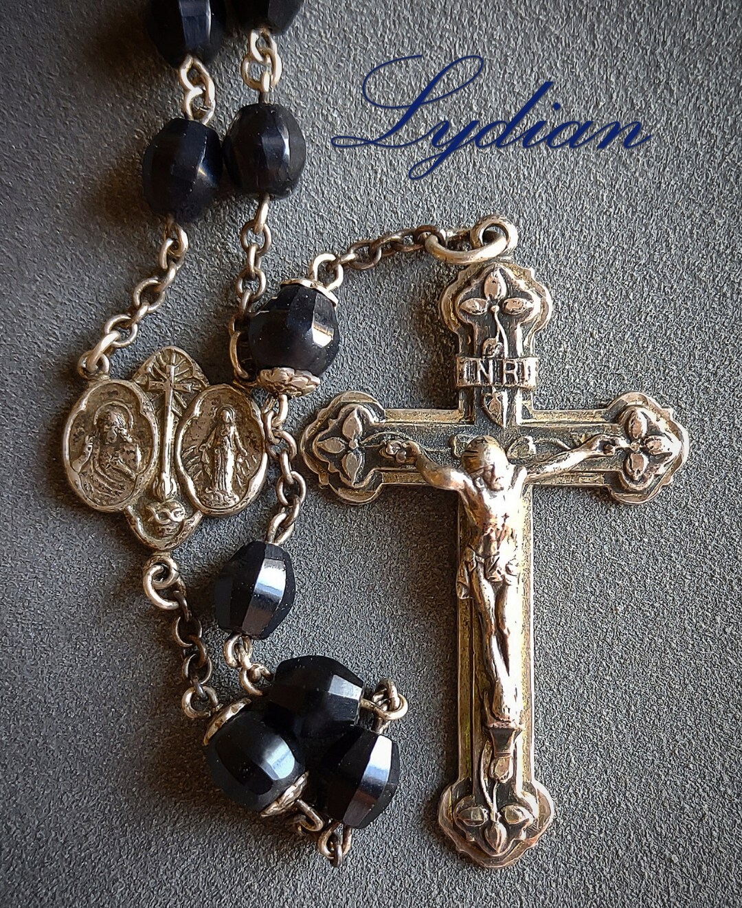 Antique 1940's BAKELITE STERLING ROSARY Black, 22.5." 36 Grams, Unique ...