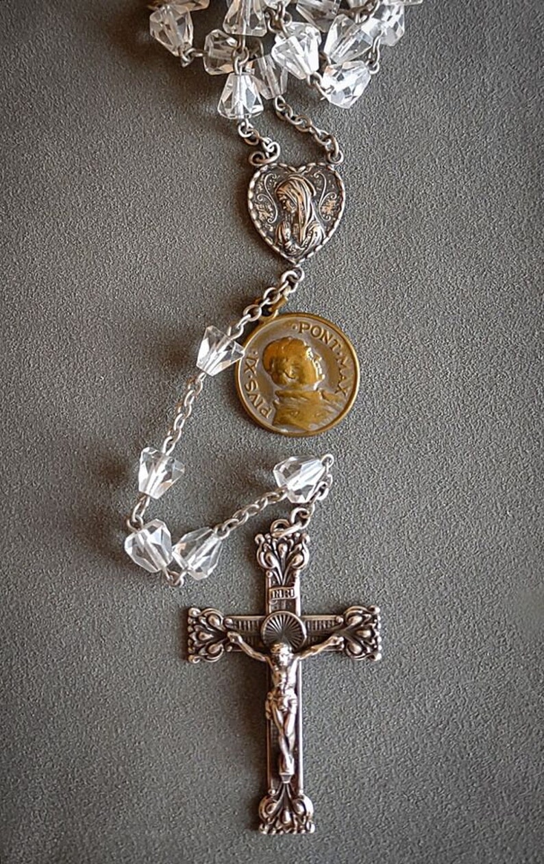 Antique 1930's STERLING Art Nouveau ROSARY & PYX, Pope Pius Medal ...