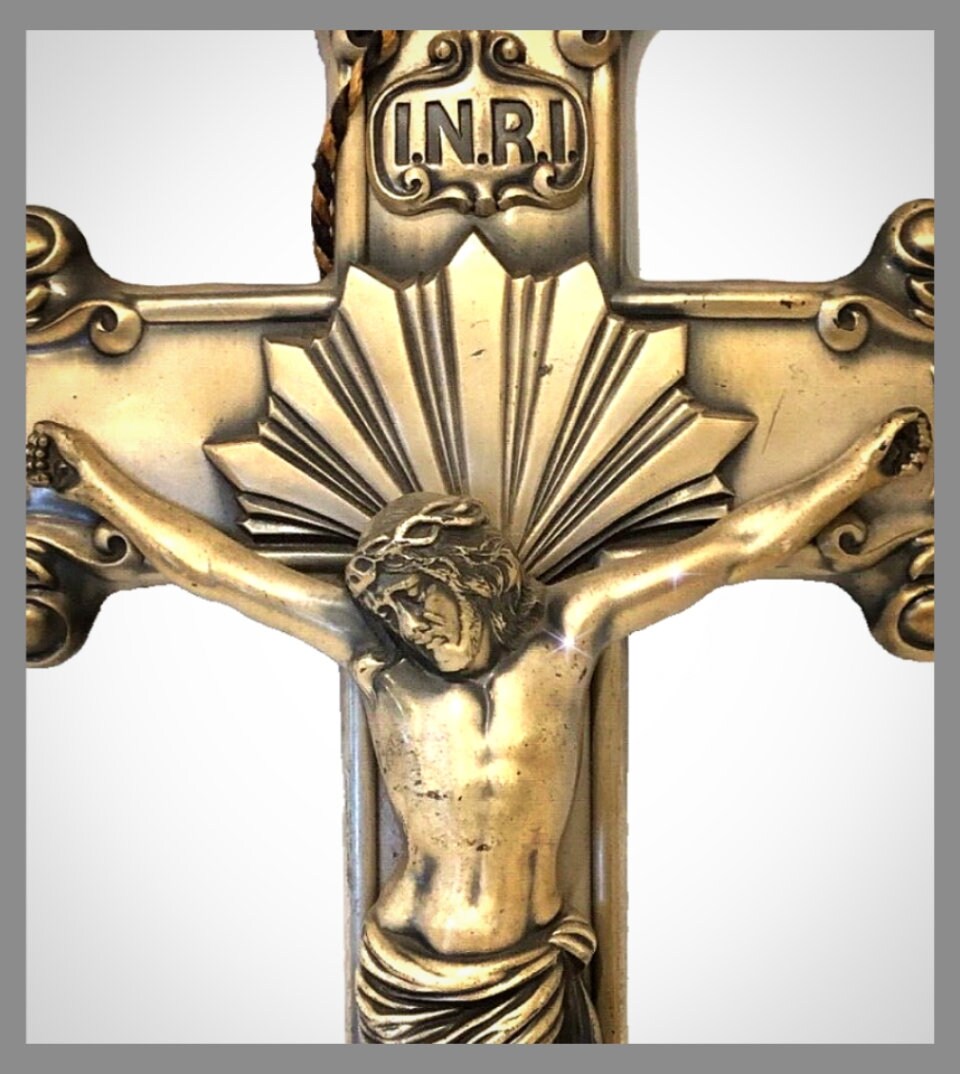 Antique 1940's CASKET CROSS CRUCIFIX, Latin Catholic Memorial Elaborate ...