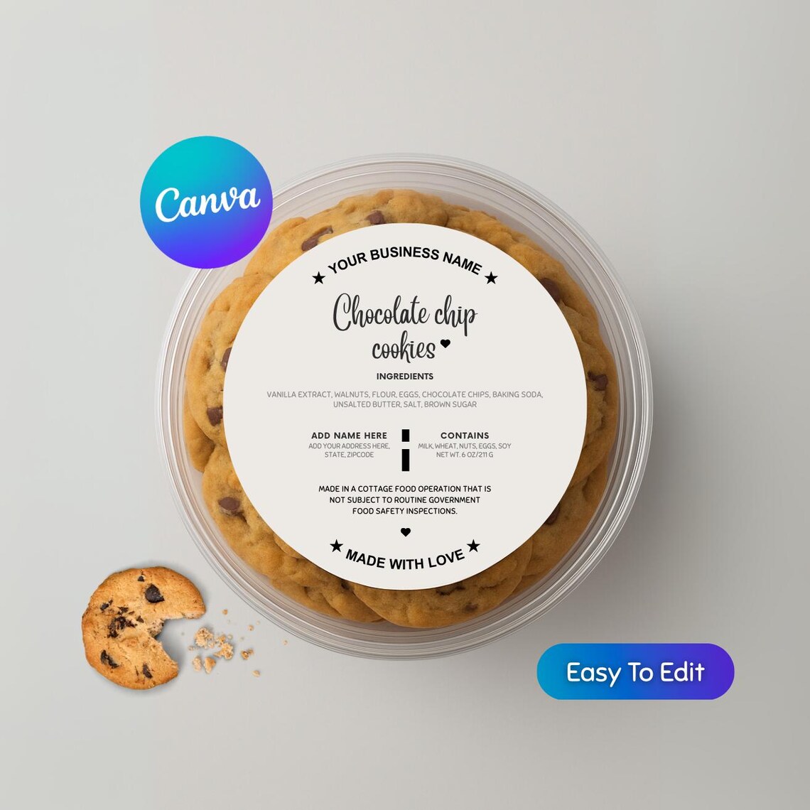 Editable Chocolate Chip Cookie Label Template: Custom Bakery Sticker ...