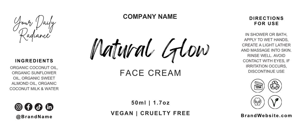 Natural Glow Face Cream Label Template: Minimalist Skincare (digital ...