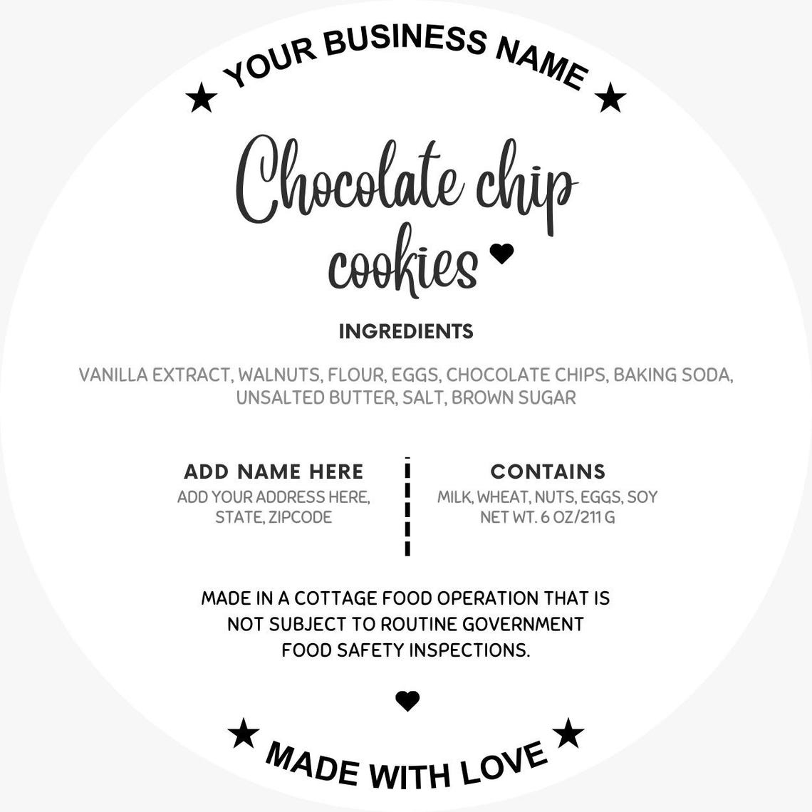 Editable Chocolate Chip Cookie Label Template: Custom Bakery Sticker ...