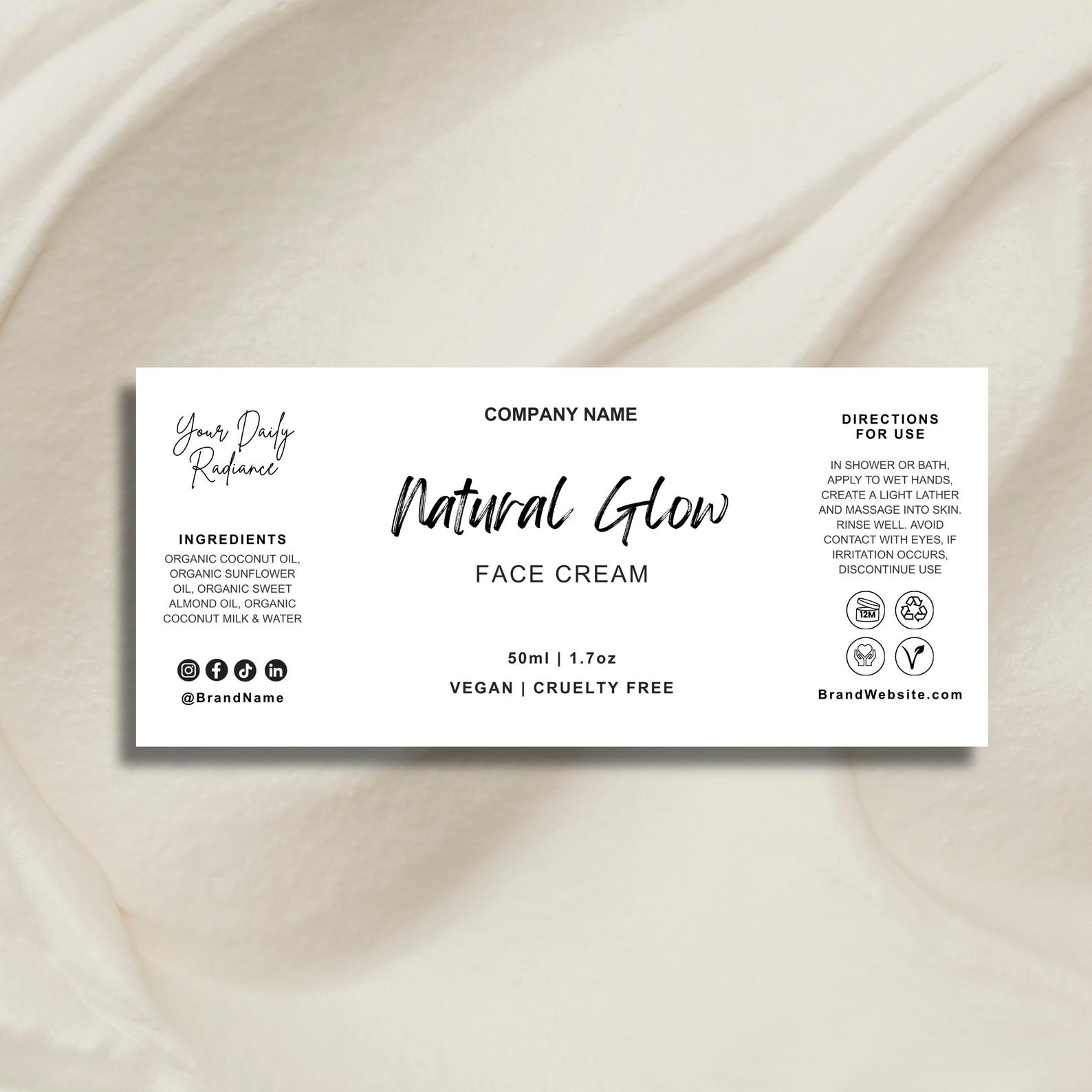 Natural Glow Face Cream Label Template: Minimalist Skincare (digital ...