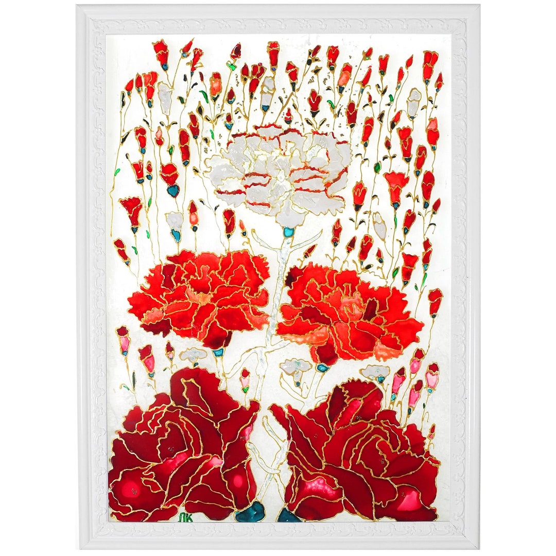 Zeus Flower Stained Glass Painting Red Flowers Painting on Glass Hand ...
