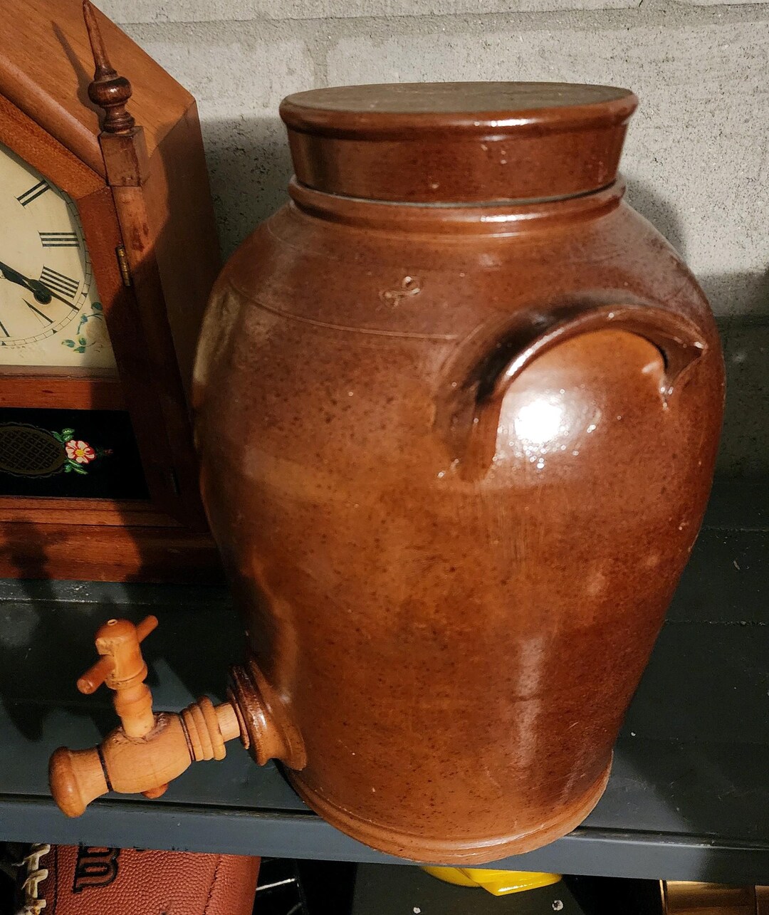 RARE FRENCH OLIVE Oil Jar ,with Lid , Carved Wooden Spout 18 X 10 Dia ...