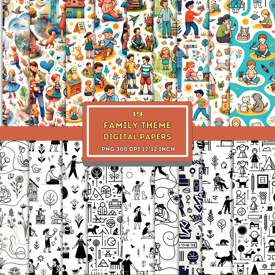 19 Seamless Patterns, Family Seamless Patterns, Family Digital Paper ...