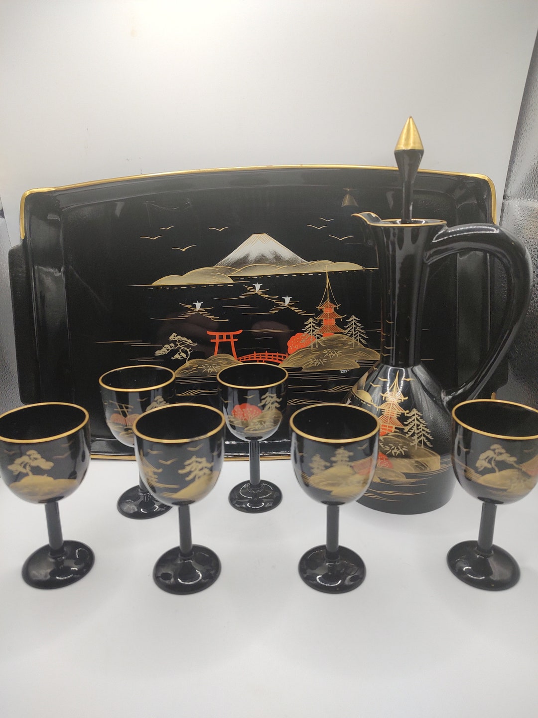 Japanese Black Lacquer Decorated Ritual Green Tea Set, Tray, Tea Pot ...