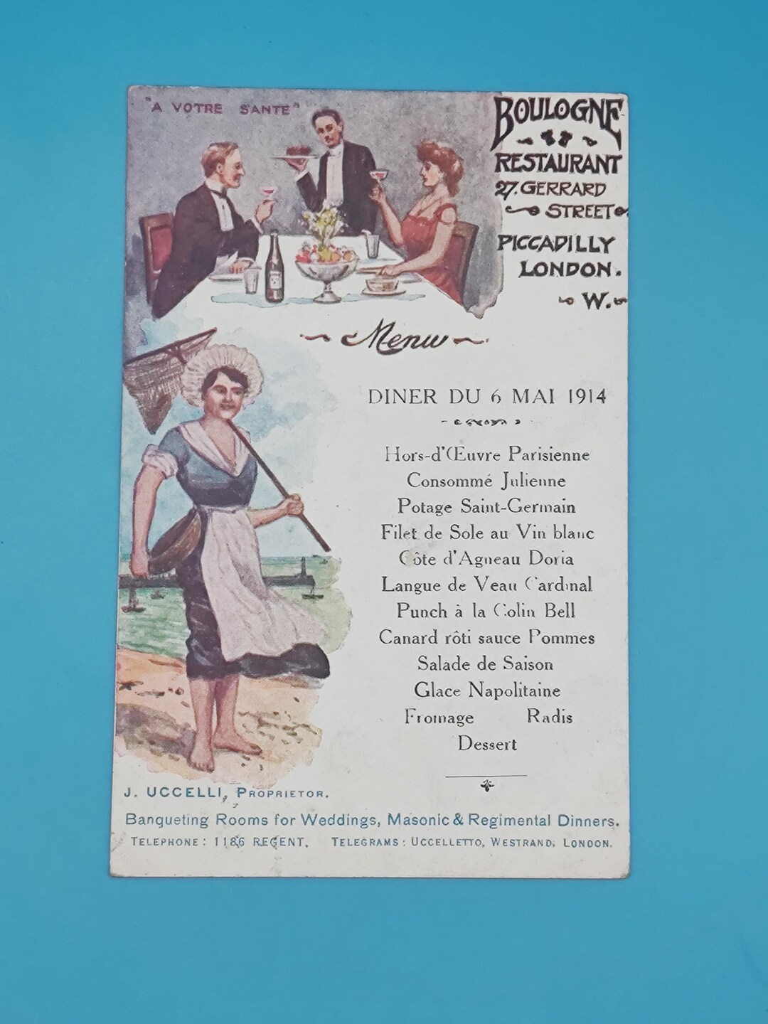 1914 Antique Menu Card for the Boulogne Restaurant 27 Gerrard Street ...