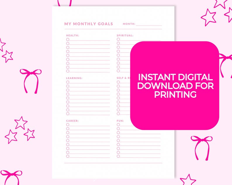 Monthly Goals Planner | Printable Goal Tracker for Journals (A5, A4, US ...
