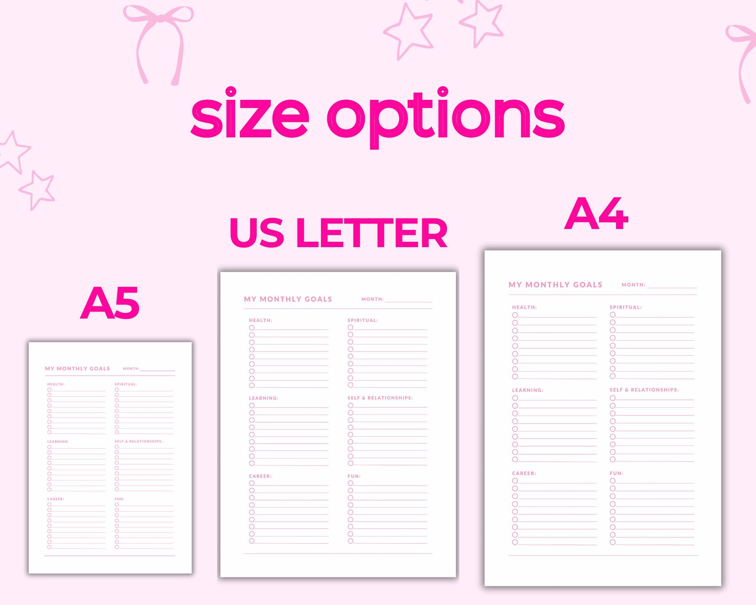 Monthly Goals Planner | Printable Goal Tracker for Journals (A5, A4, US ...