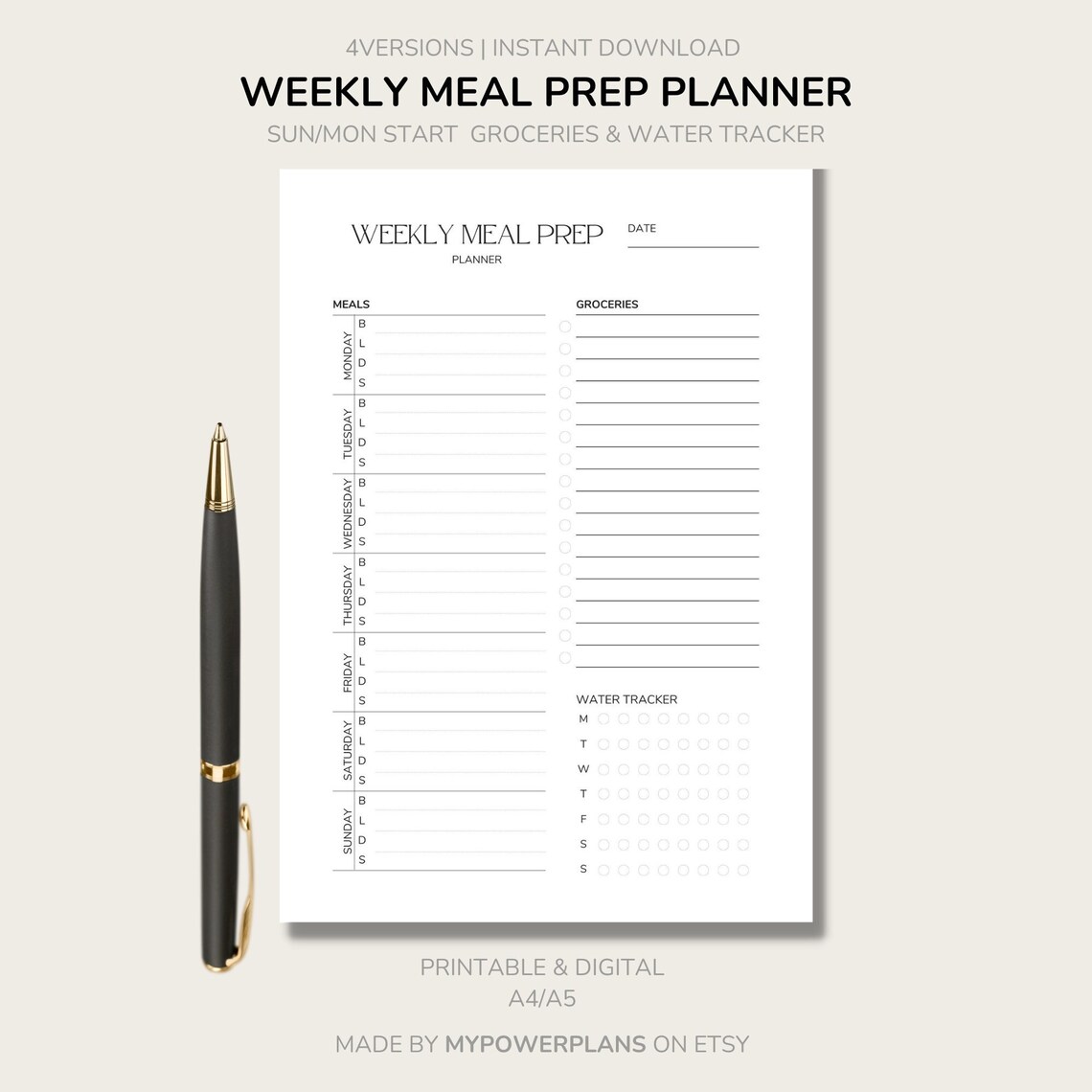 Weekly Meal Prep Planner, Printable Digital Portrait, 7 Day, Meal Prep ...