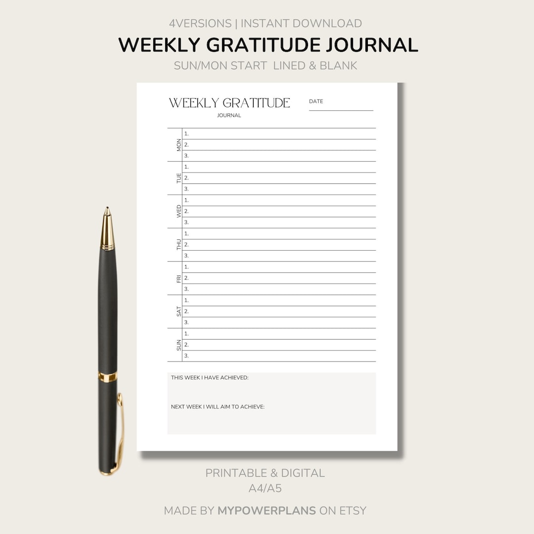Weekly Gratitude Journal Digital, Printable, PDF, Instant Download ...