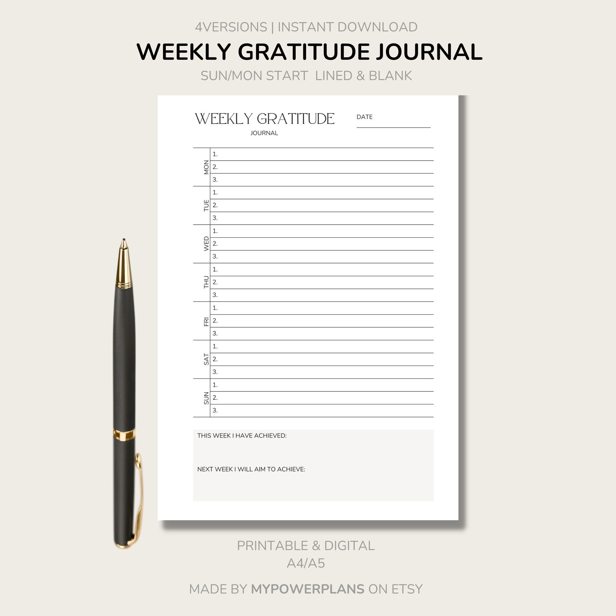 Weekly Gratitude Journal Digital, Printable, PDF, Instant Download ...