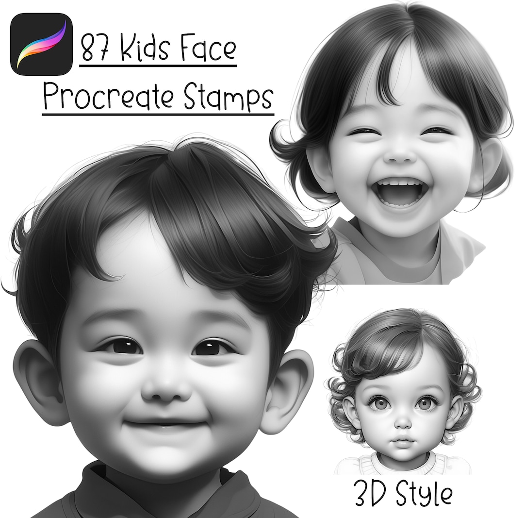 87 Kids Faces Stamps for Procreate, 3d Style Stamps, Procreate Digital ...