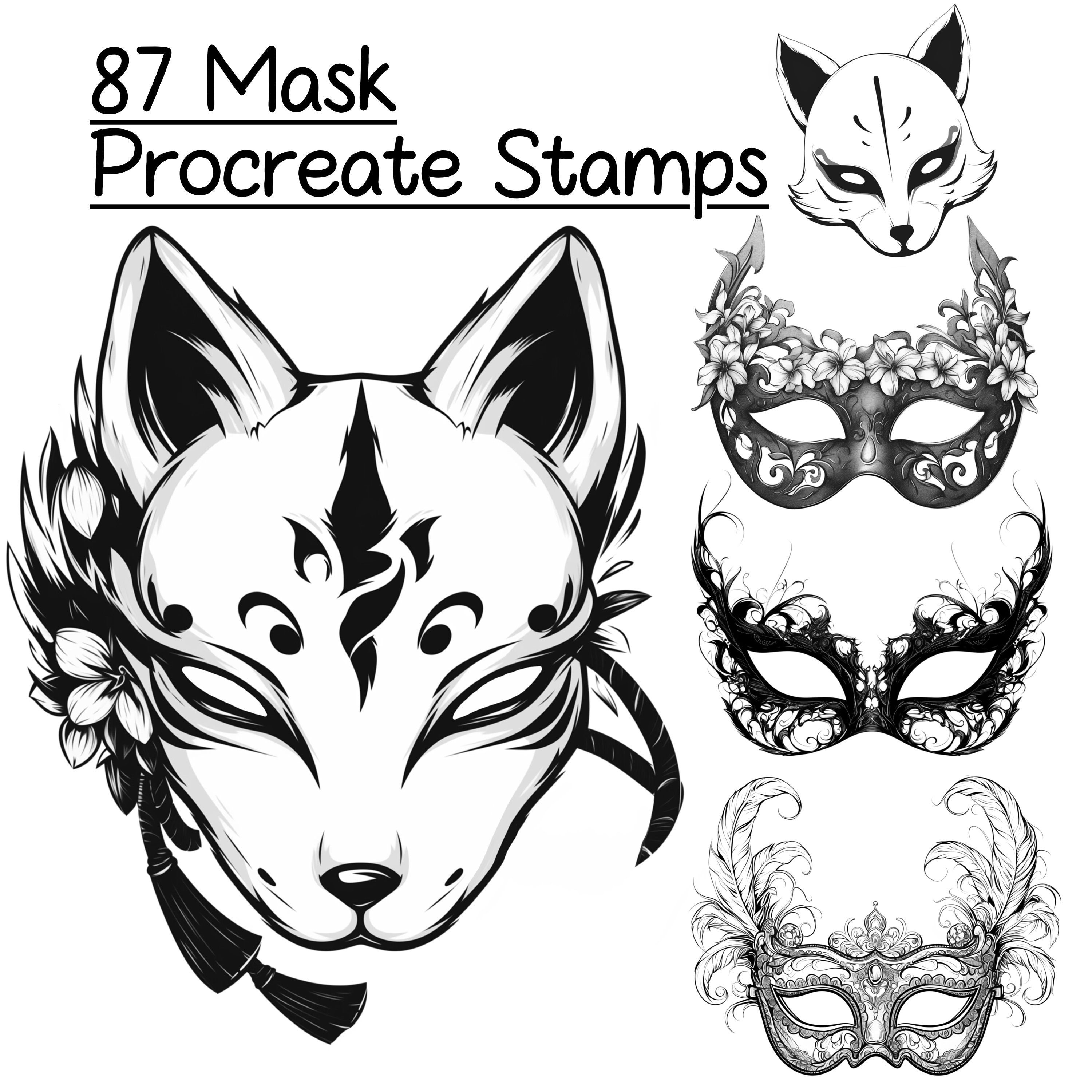 87 Mask Stamps for Procreate, Kitsune Masks Procreate Brushset ...