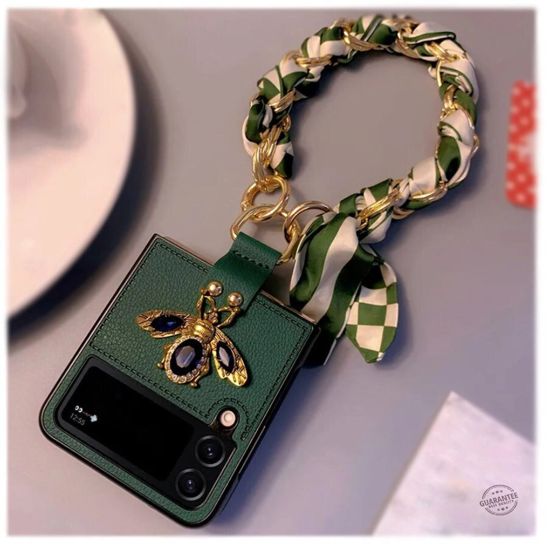 Bee Case Z Flip Diamond Green Leather Bee Cute Phone Case for Samsung ...
