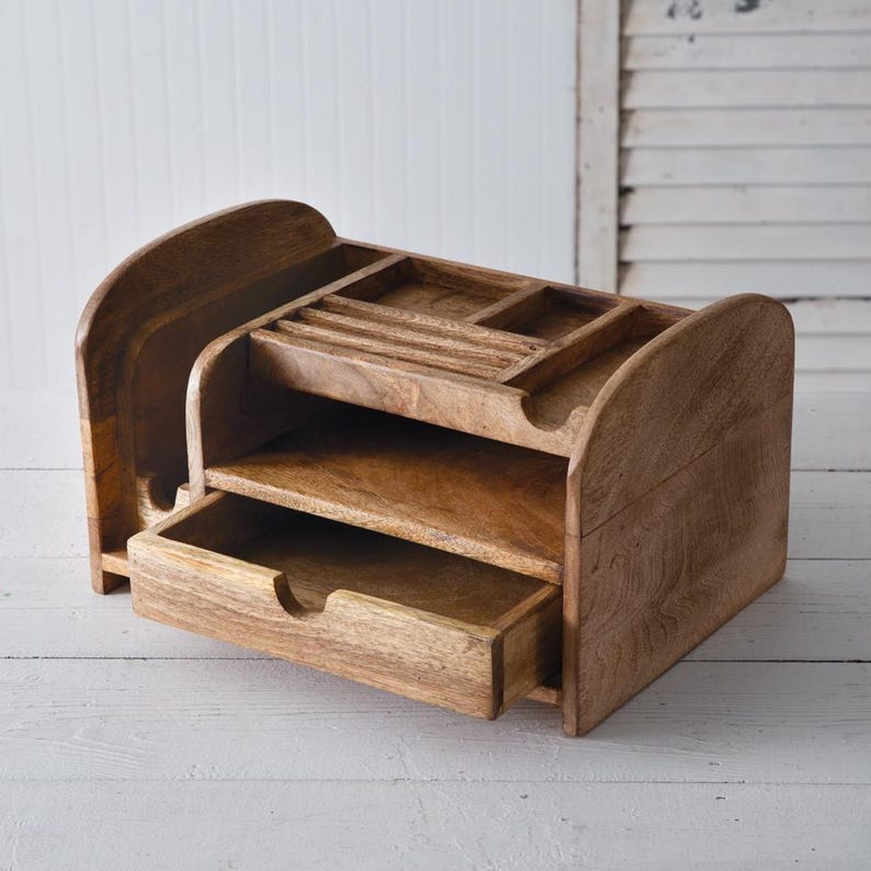 Wood Desk Organizer – Solid Mango Hardwood Office Storage - Etsy