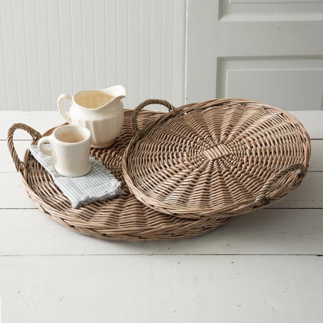 Set of Two Large Round Wicker Trays - Rustic Decorative Wall or Table ...