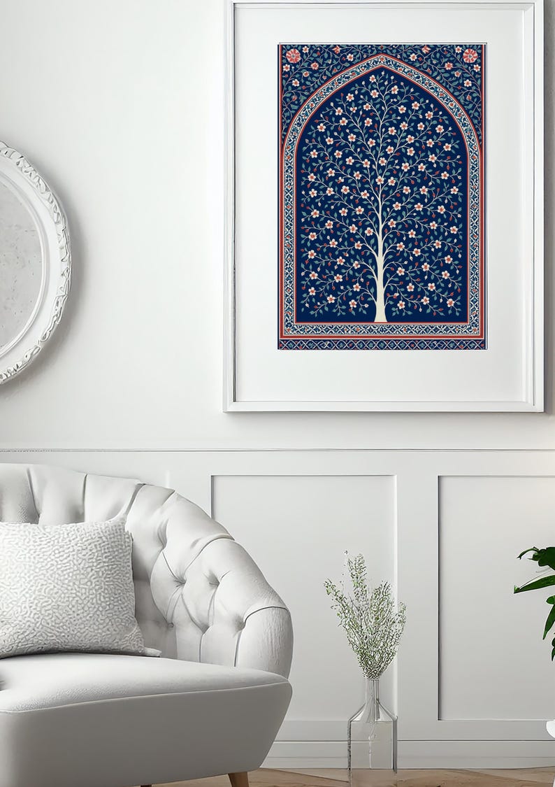 Tree of Life Mughal Art Print: Blue Floral Arch, Islamic Home Decor ...