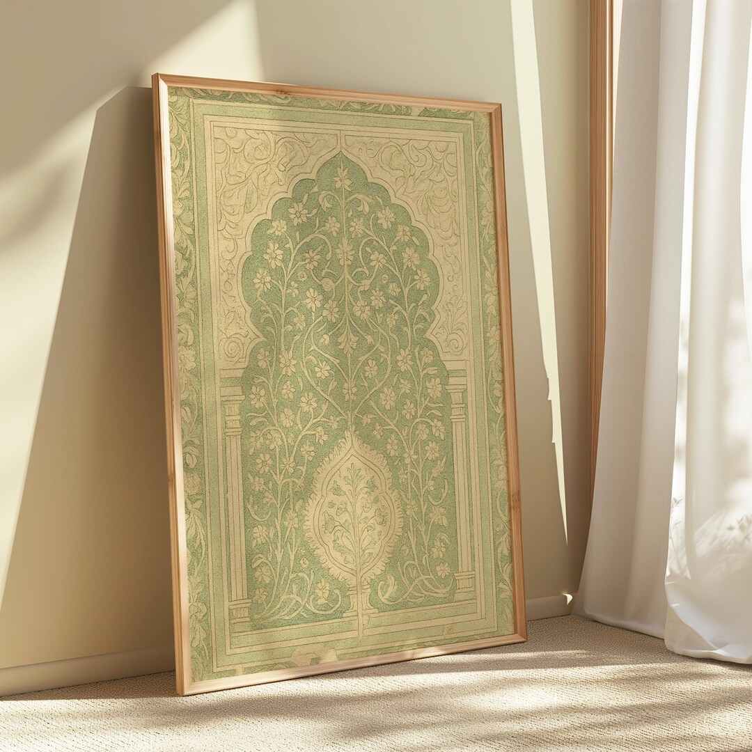 Vintage Mughal Art Print – Sage Green Islamic Floral Arch (digital ...