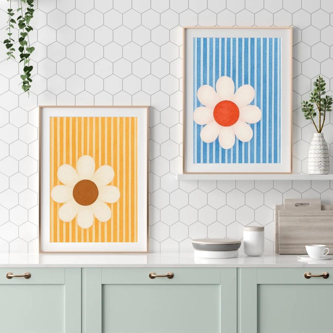 Retro Daisy Art Print | Orange Stripes, Floral Wall Decor (digital ...