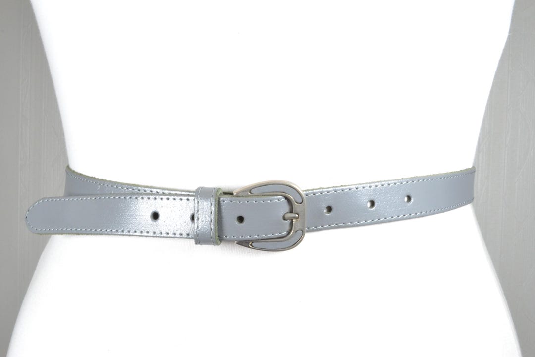 Vintage Skinny Gray Leather Belt, Light Grey Belt With Silver Buckle ...