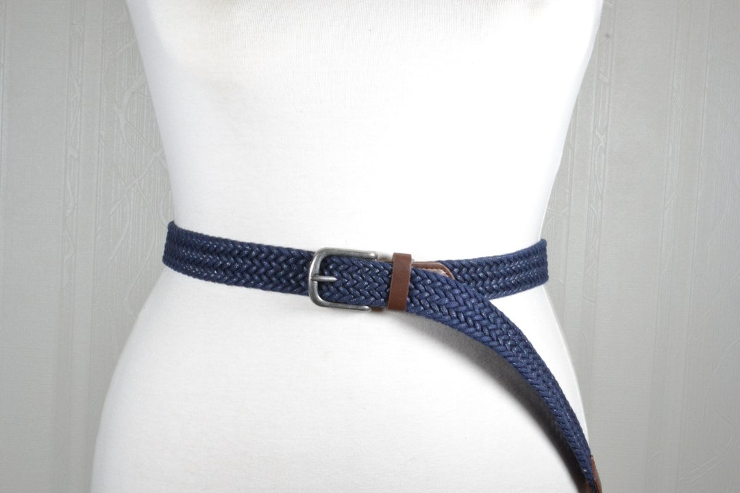 Vintage Skinny Navy Blue Leather Belt With Silver Buckle, Classic Women ...